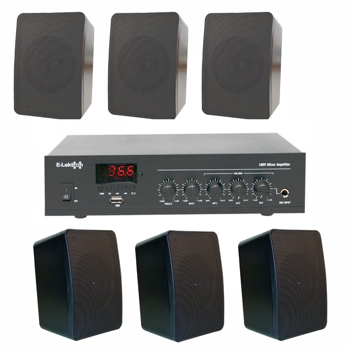 100v Mixer Amplifier Speaker Set with 6 Black Weatherproof ELA Speaker